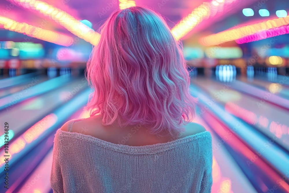 Person with pink hair in bowling alley selecting bowling ball from rack ...