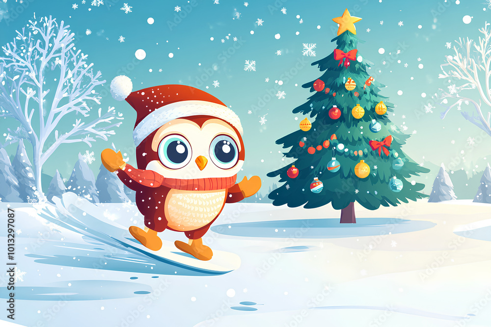 Cute baby animal sliding on frozen river illustration. have fun in ...