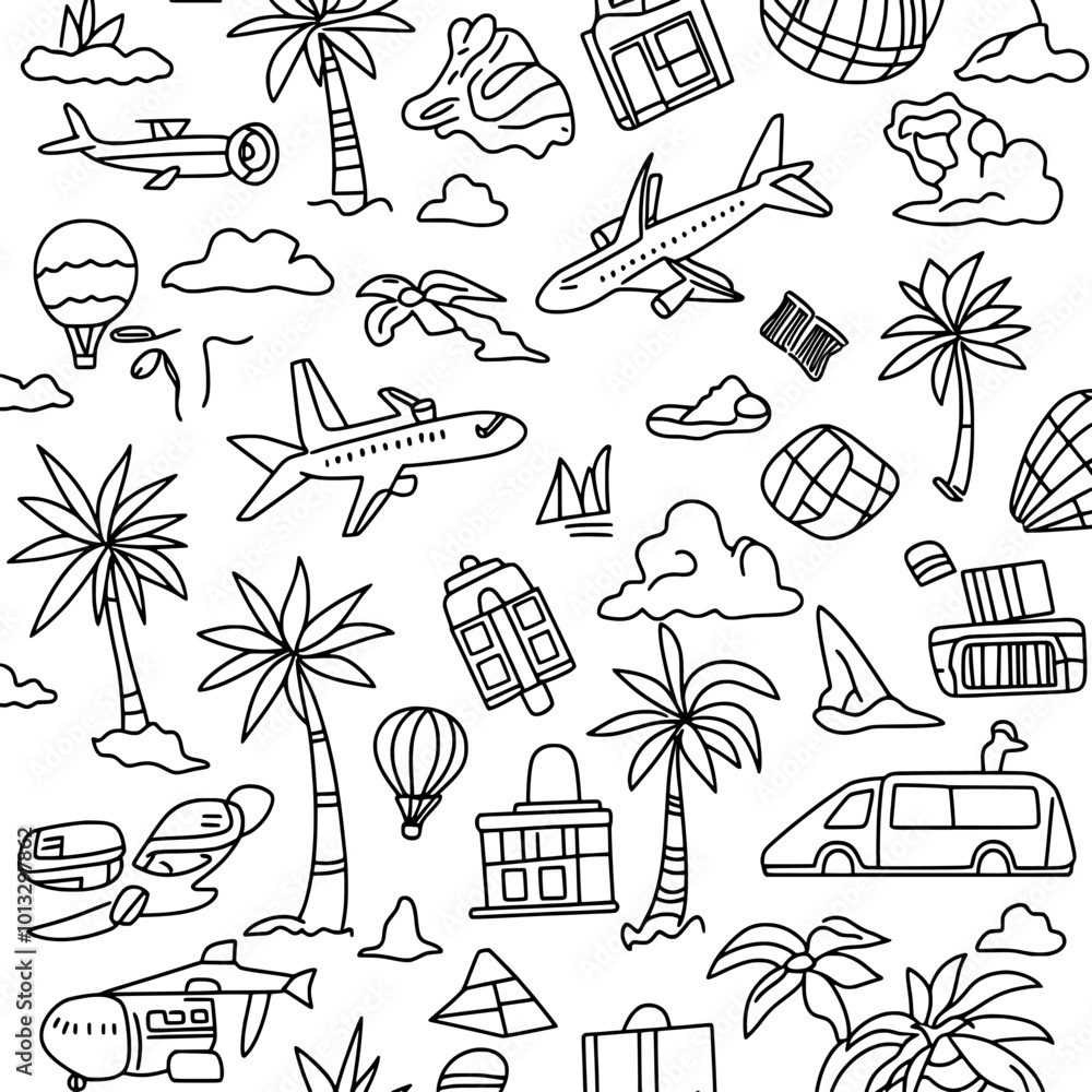 Hand drawn modern illustration of a seamless pattern of travel doodles ...