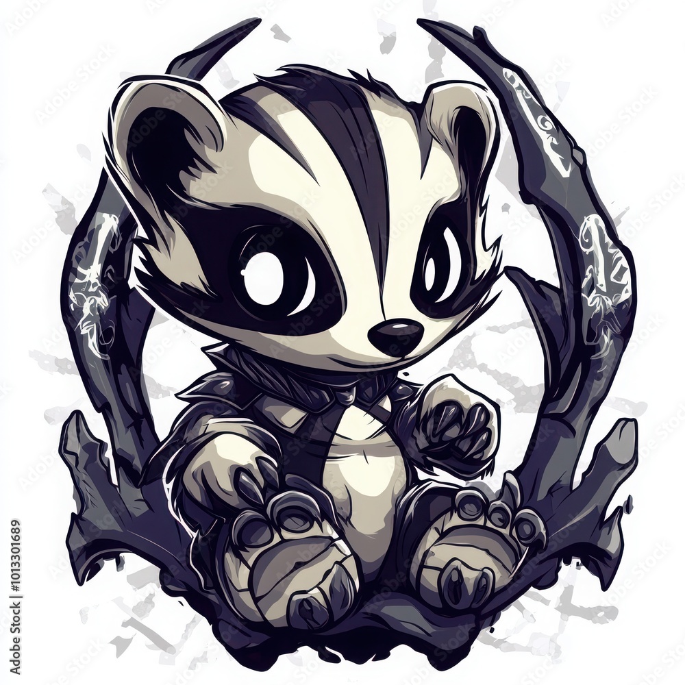 Generate a chibi-style badger with a large head, glowing eyes, and an ...