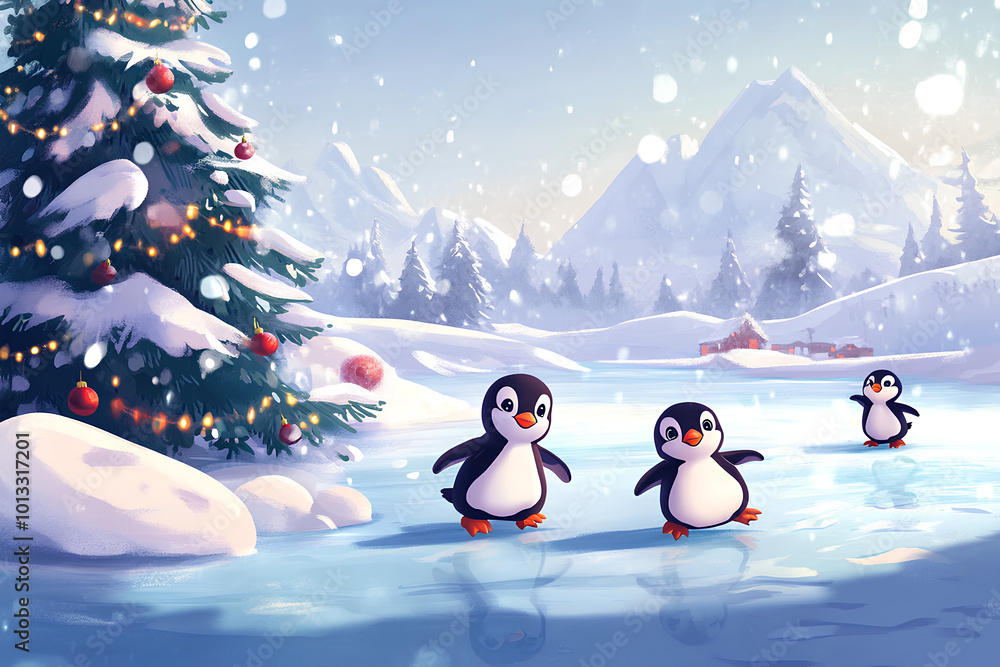Cute baby animals sliding on frozen river illustration. have fun in ...