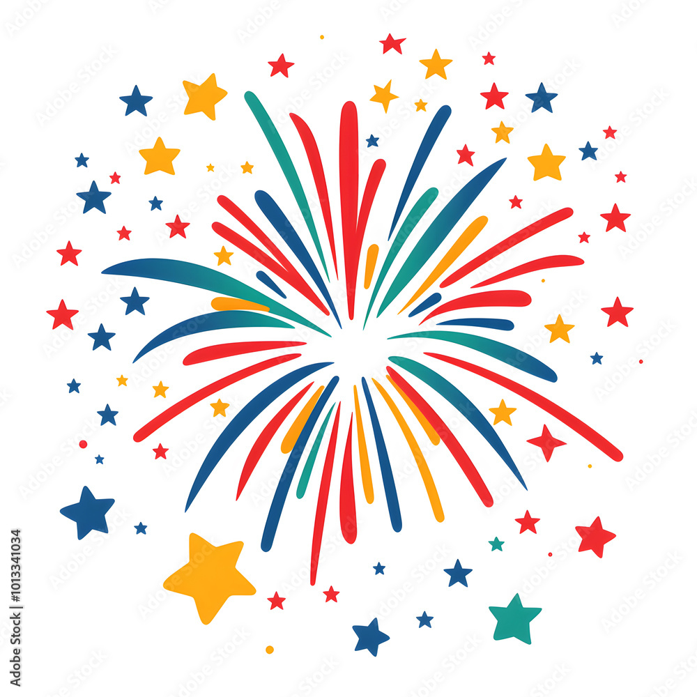 Cute cartoon fireworks, colorful with simple lines on a white ...