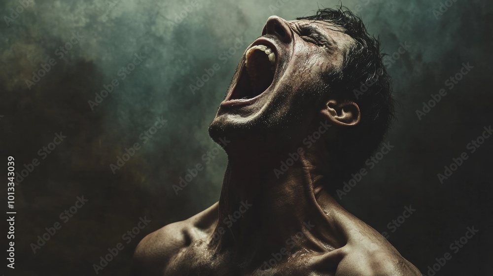 A figure screaming in rage, their mouth wide open, veins visible on ...
