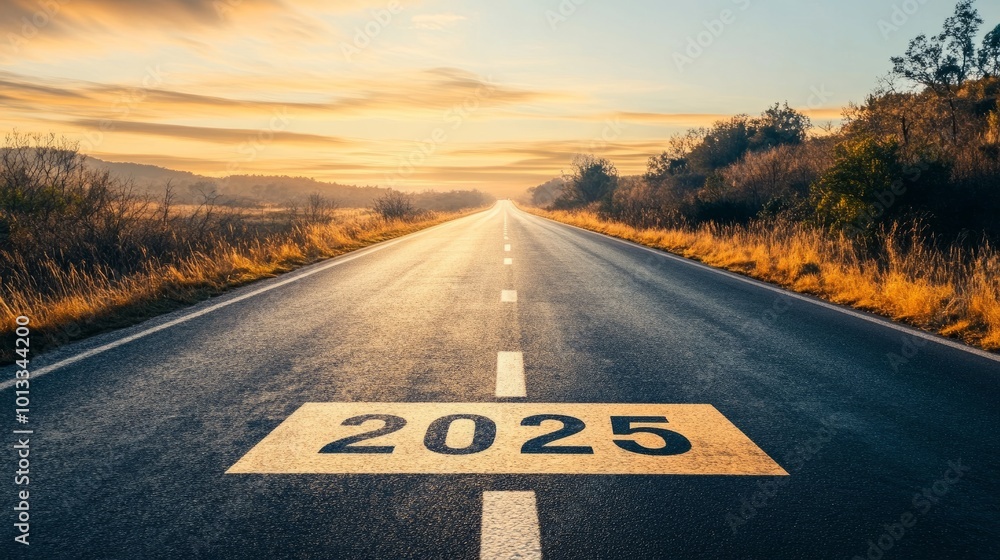 Open road with "2025" marked on the pavement and an arrow pointing ...