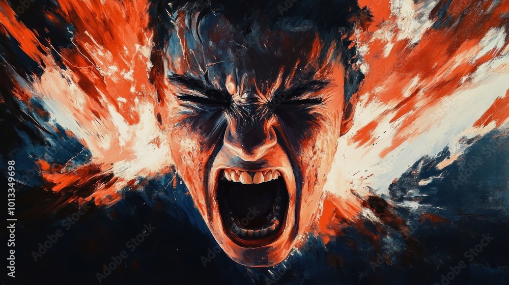 A person screaming uncontrollably, their face contorted with rage, eyes ...