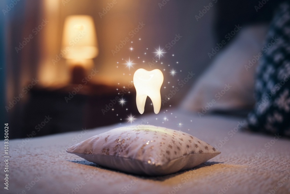 Tooth fairy concept. A floating glowing tooth over a pillow with ...