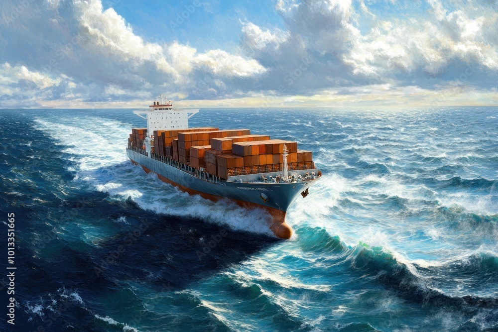 A sea freight container ship sailing through the ocean, fully loaded ...