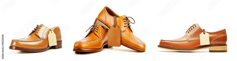 Three brown shoes are shown in a row. Shoes have different angles and ...
