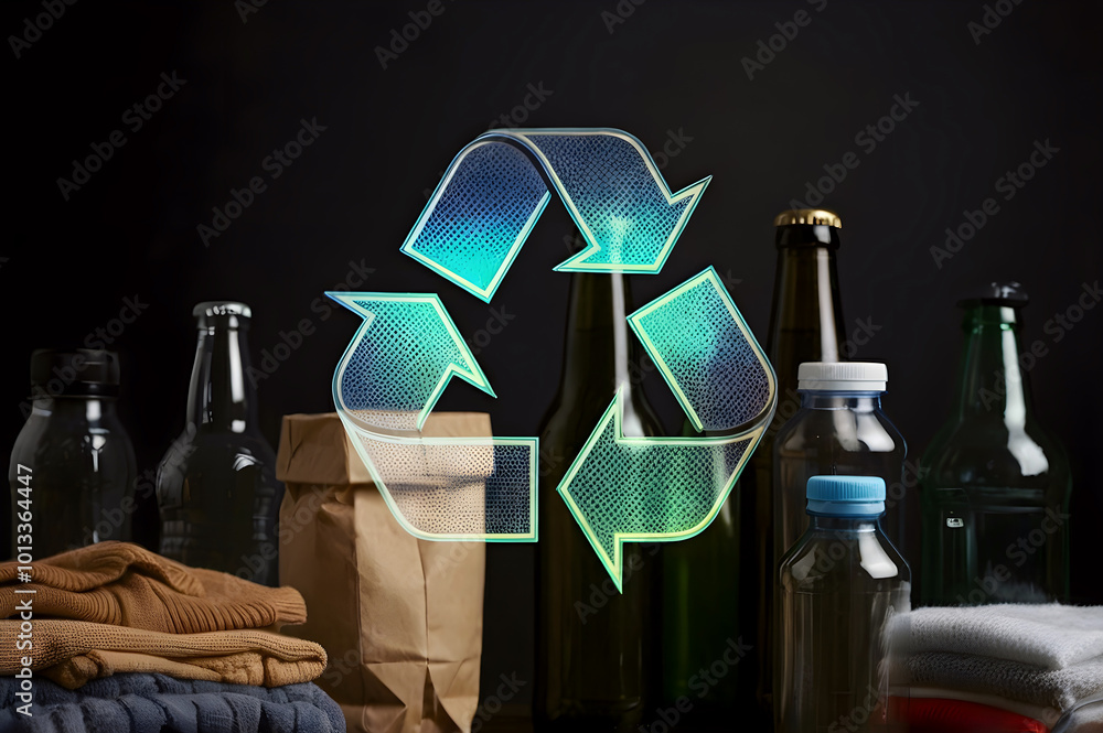 Recycling symbol over reusable materials like glass, paper and clothes, zero waste conscious ...