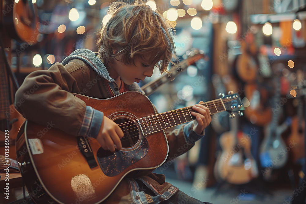 Boy playing acoustic guitar. Cute little boy playing guitar on blurred ...