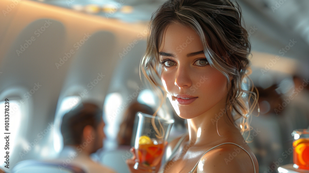 flight attendant serving drinks from a cart in the plane aisle. first ...