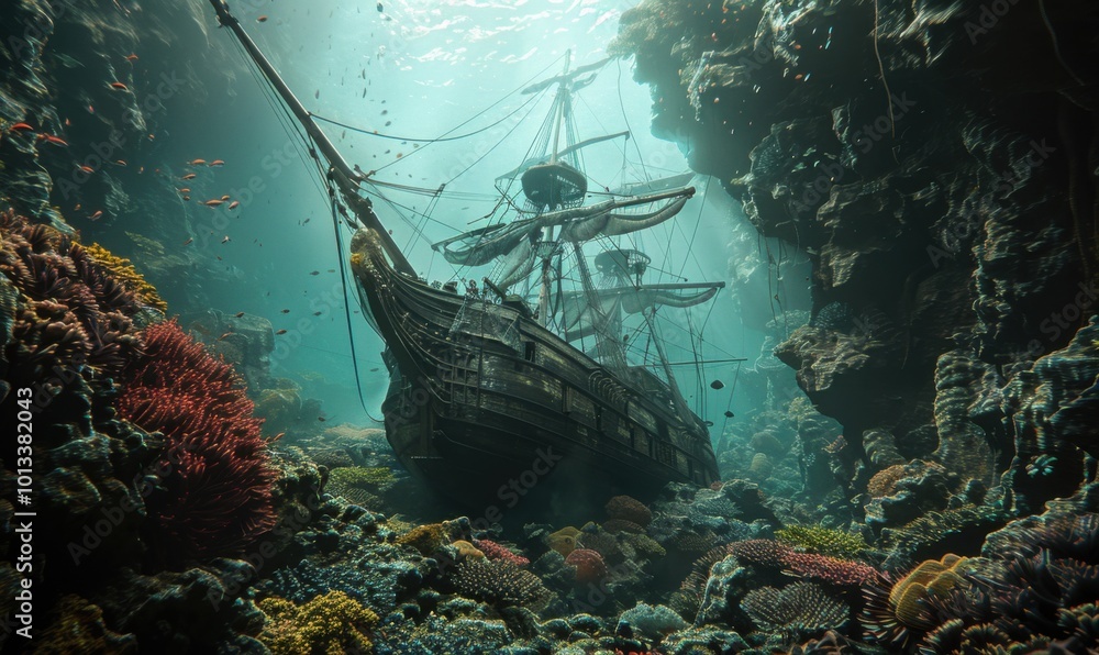 Phantom schooner discovered in a coral reef, surrounded by vibrant ...