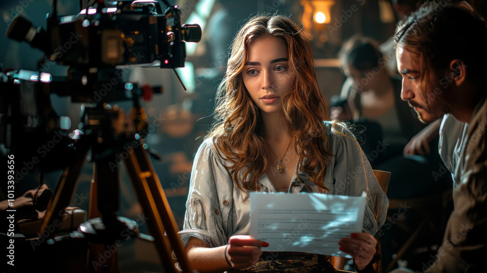an actress sitting on a chair in a movie set, holding and reading a ...