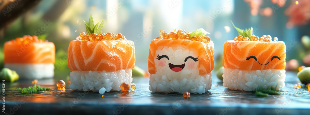 Illustration of animated sushi pieces with cute face dancing on a table ...