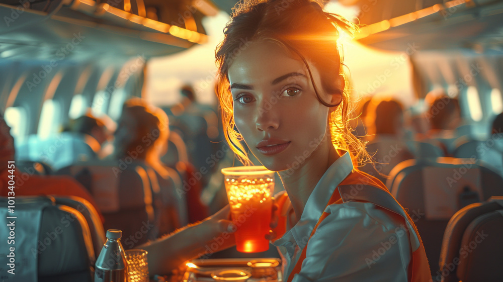 flight attendant serving drinks from a cart in the plane aisle. first ...