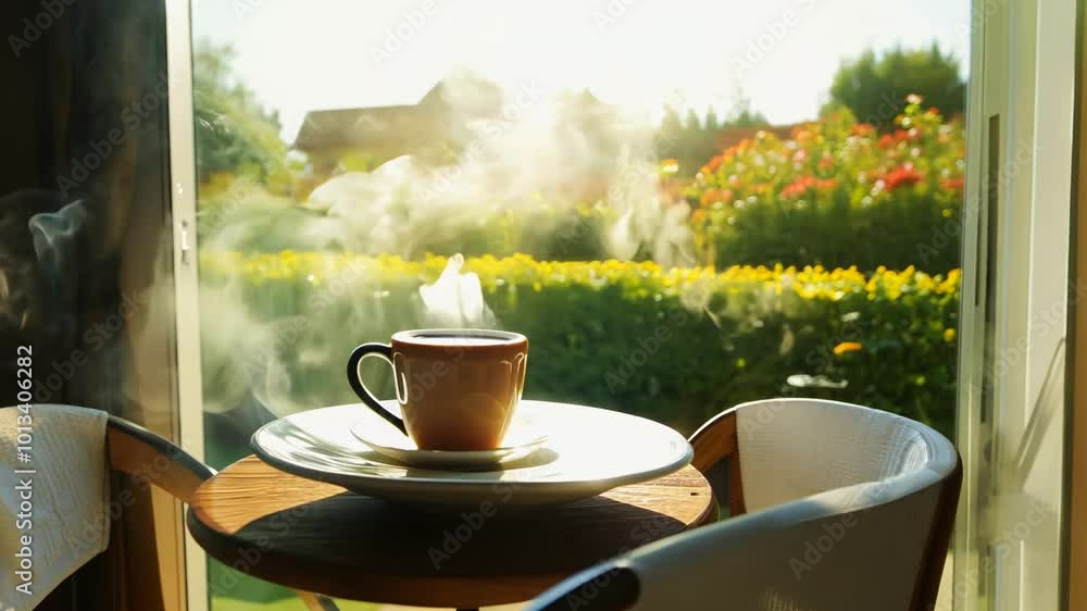Camera slowly zooms into a sun-drenched breakfast nook with a coffee ...