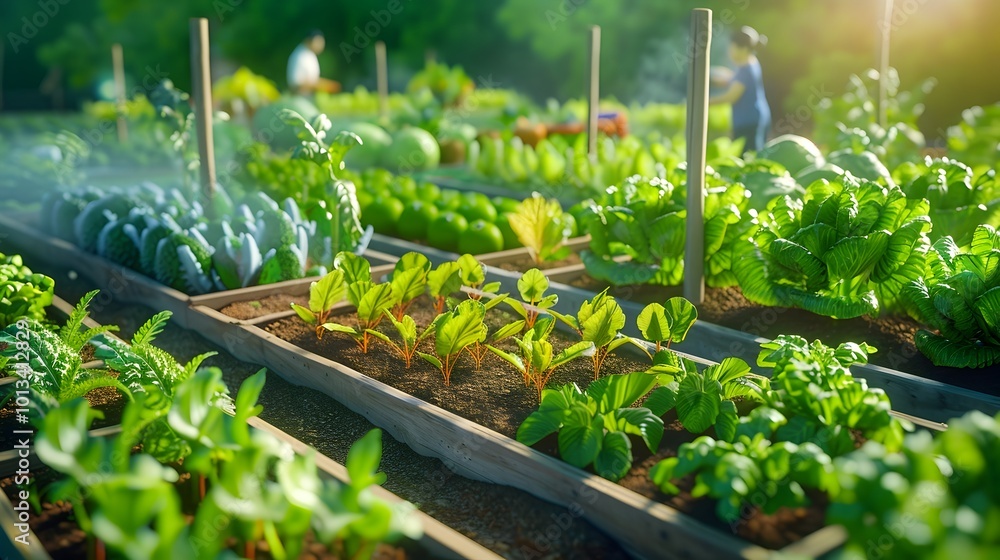 Thriving Community Garden with Lush Vegetable Rows and Sustainable ...