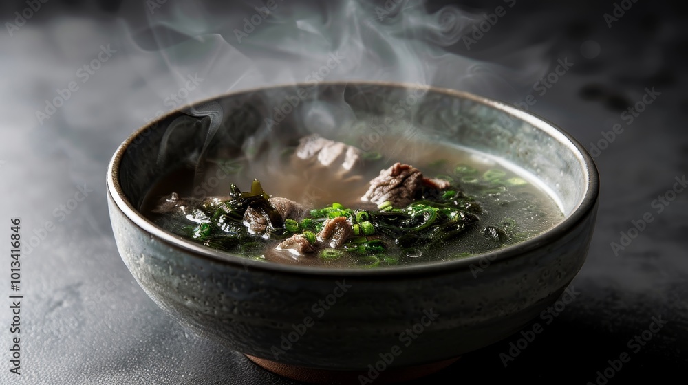 Cozy traditional korean beef soup sogogi miyeok guk in a light gray ...