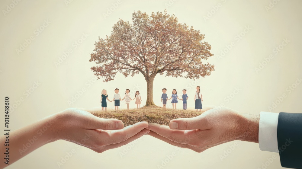 Minimalist 3D render of two hands holding a family tree diagram ...