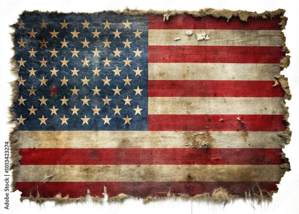 Faded, torn, and worn American flag with frayed edges and distressed ...