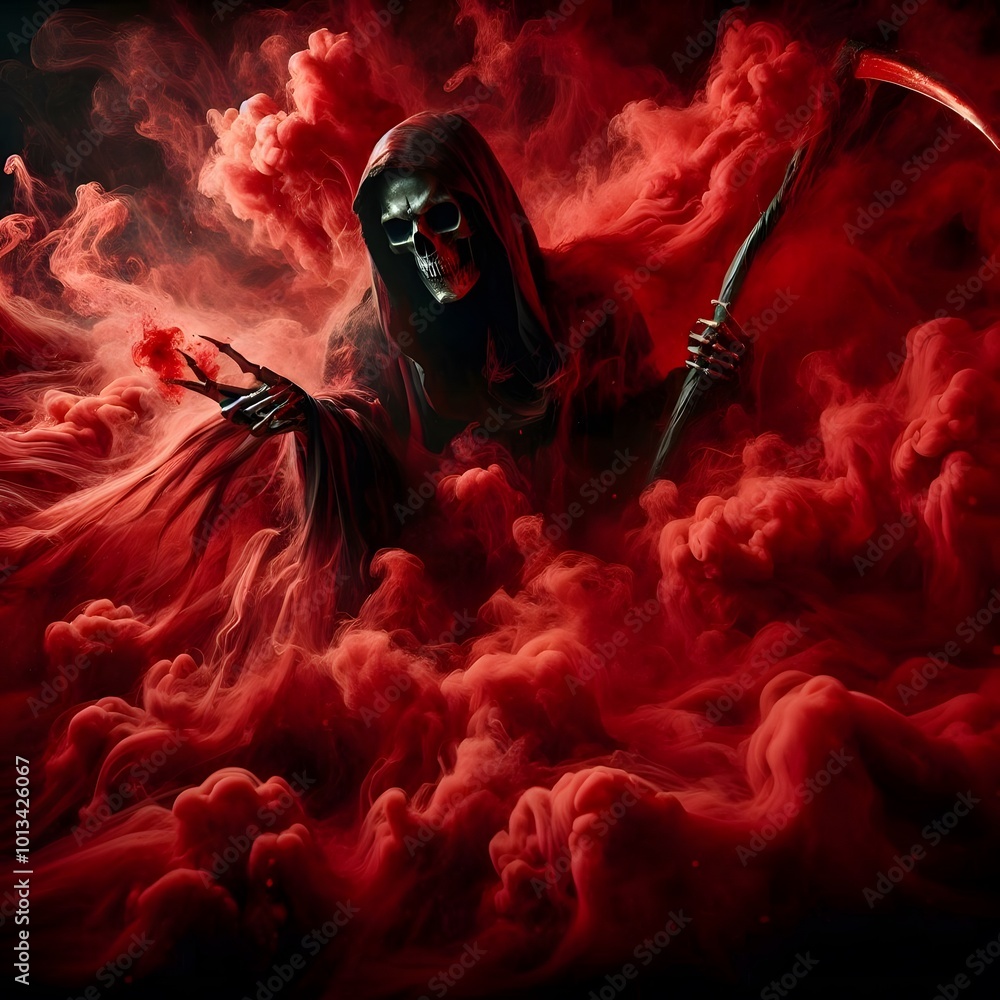The Grim Reaper emerges from a swirling cloud of scarlet mist, his ...