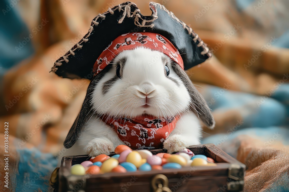 fluffy rabbit with black spots wears a pirate costume featuring a mini ...