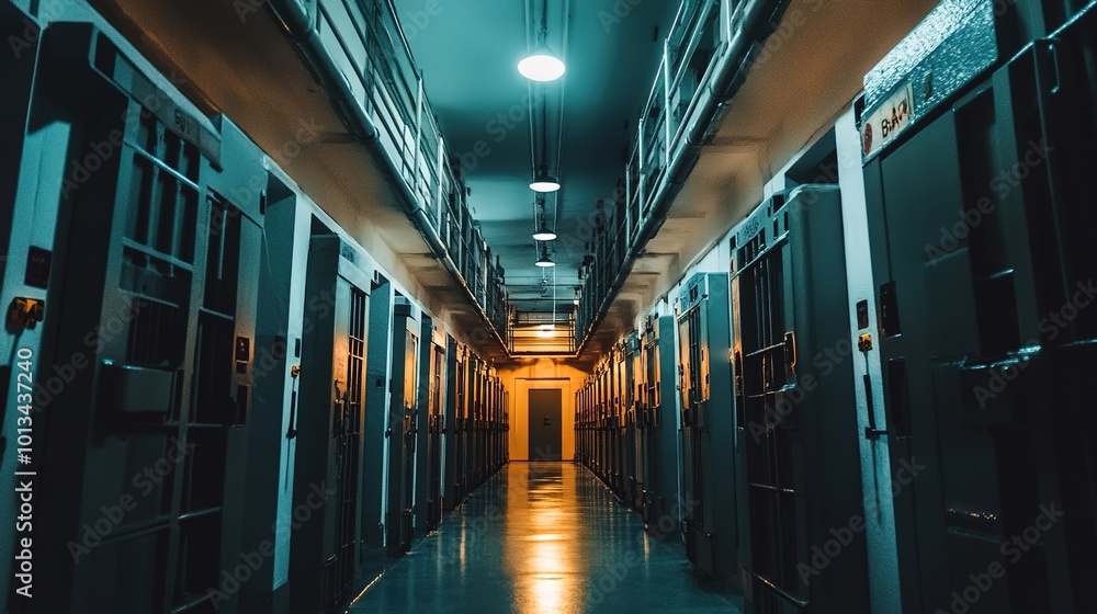Interior of a prison corridor with rows of cells and locked doors ...