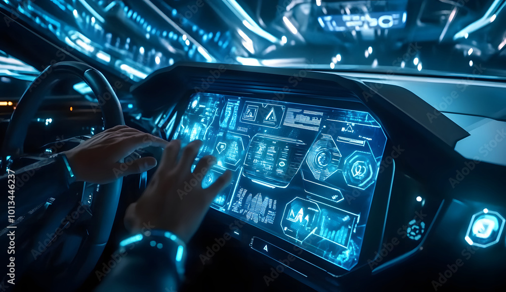 Futuristic Intelligent Car with Graphical User Interface at Night Heads ...