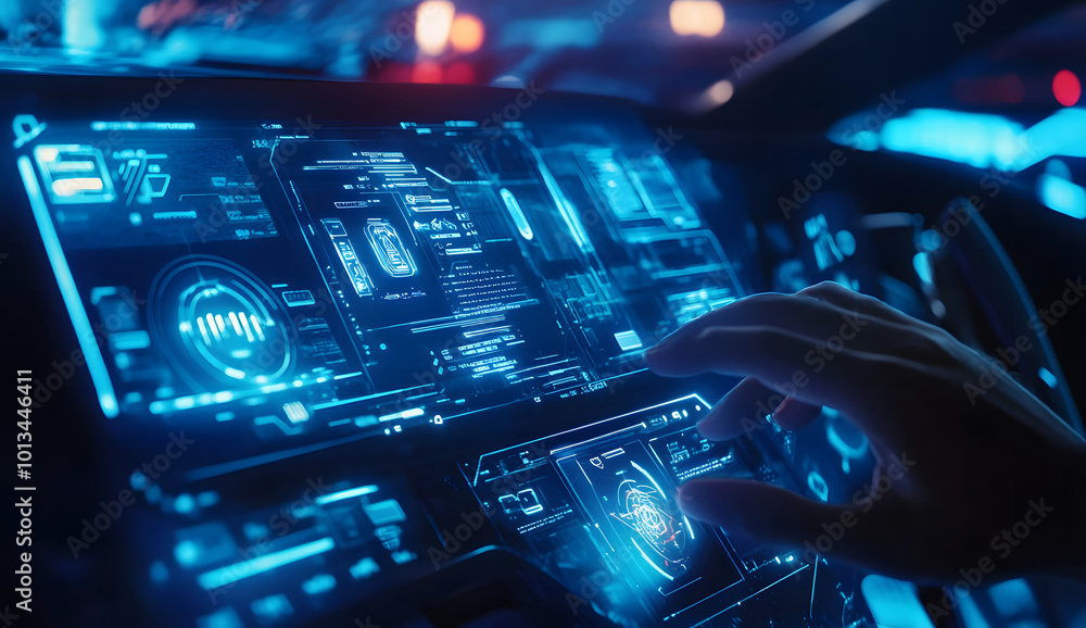 Futuristic Intelligent Car with Graphical User Interface at Night Heads ...