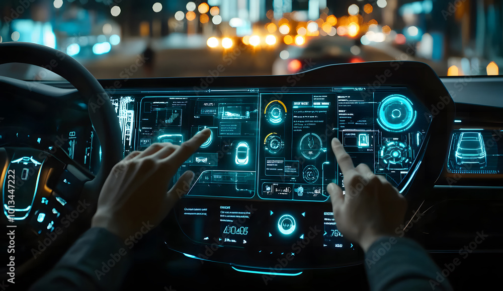 Futuristic Intelligent Car with Graphical User Interface at Night Heads ...
