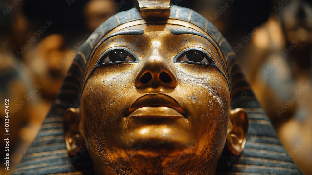Golden head of the sarcophagus of an Egyptian pharaoh in a museum Stock ...