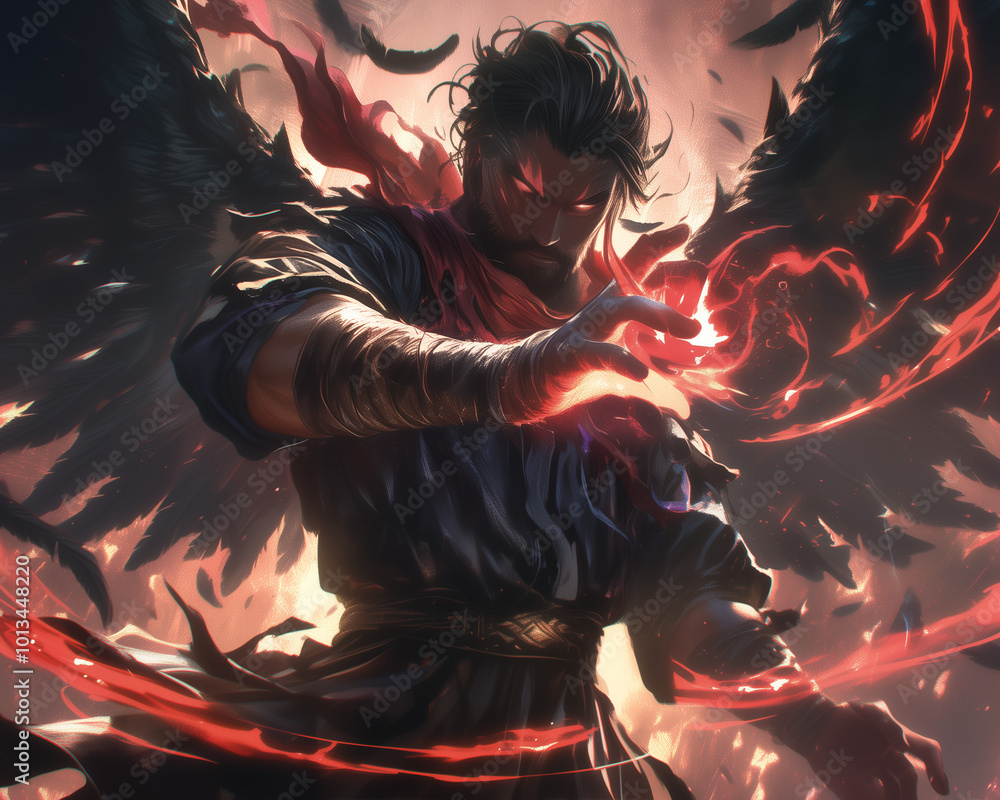 male fallen angel summoning dark energy with glowing red eyes ...