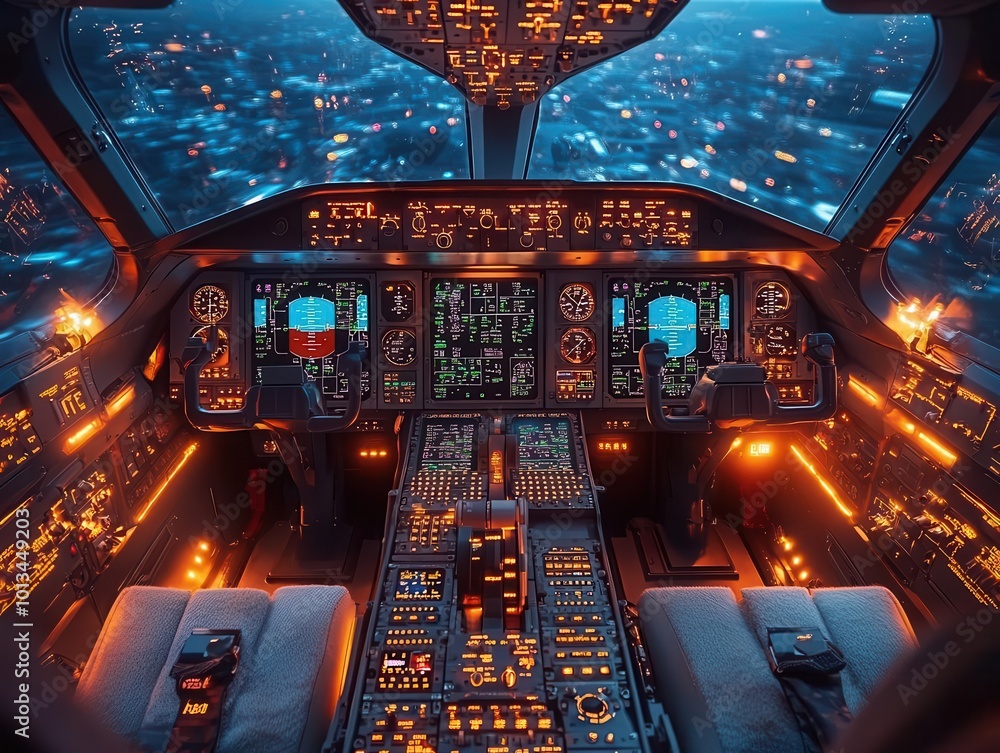inside view of a sleek airplane cockpit featuring hightech instruments ...