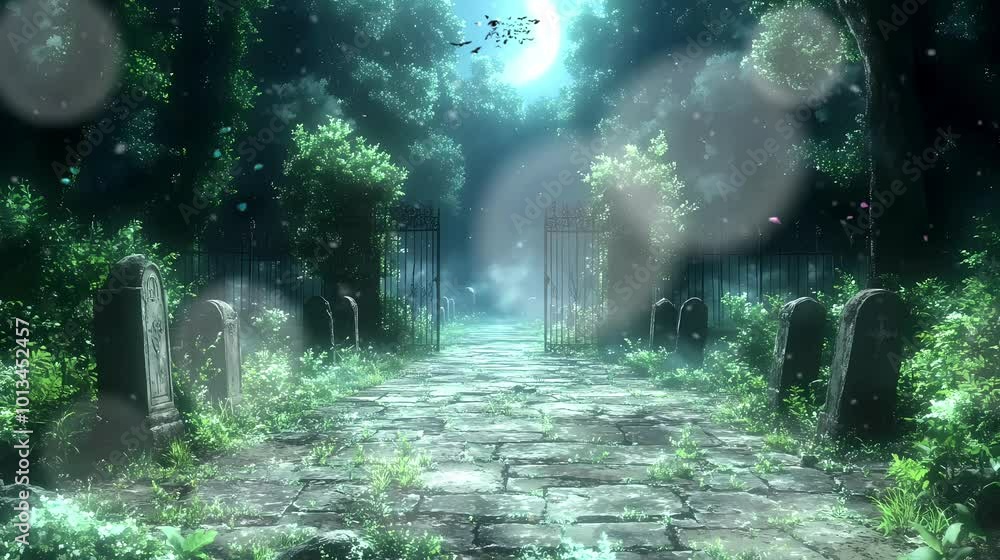 A desolate graveyard hidden in fog, where rusted iron gates and ...