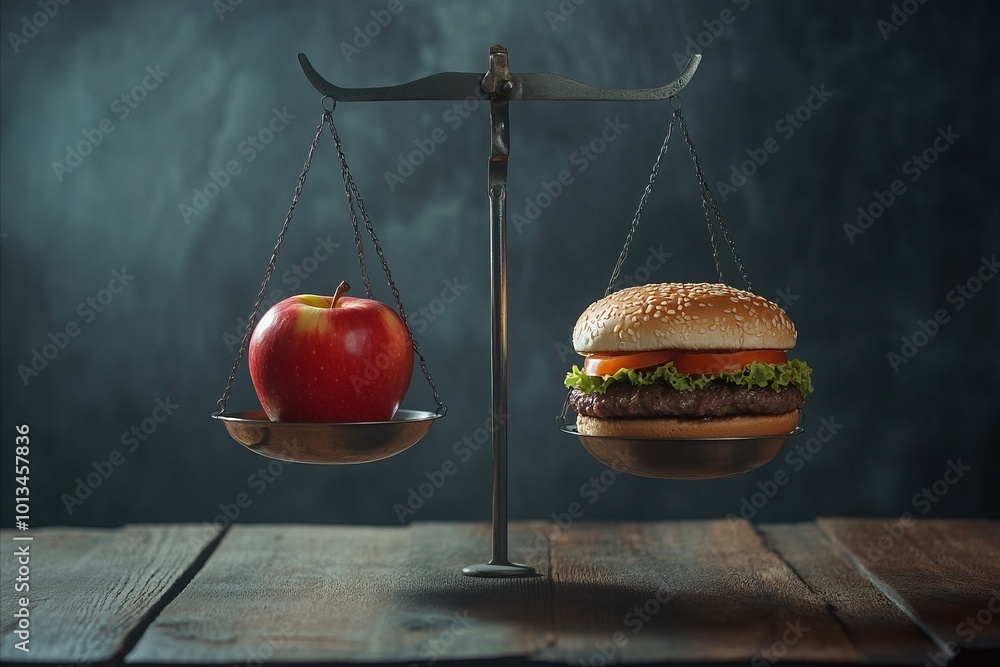 Scales with an apple in one bowl and a burger in the other. The concept ...