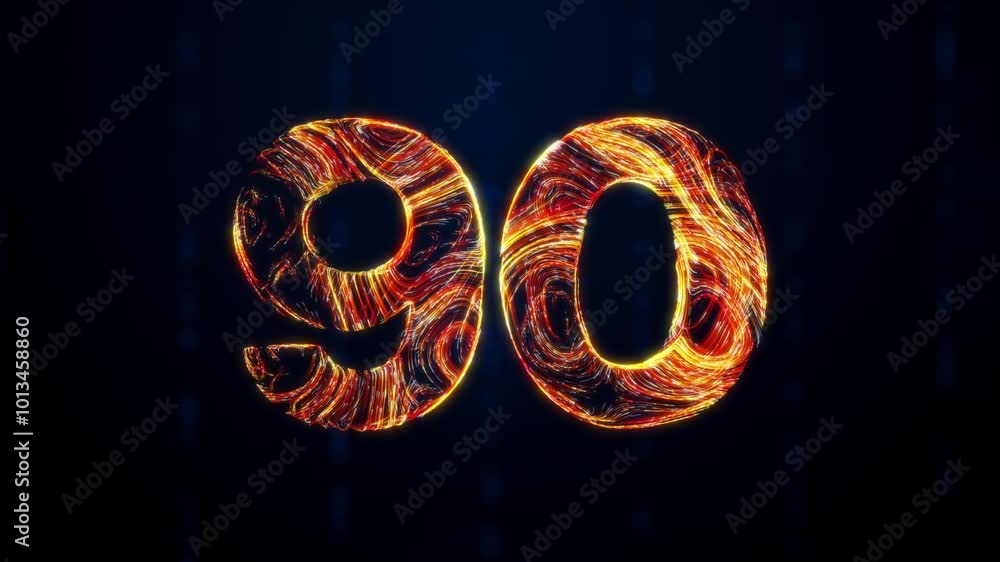 A glowing "90" number motion view made from vibrant swirling particle ...