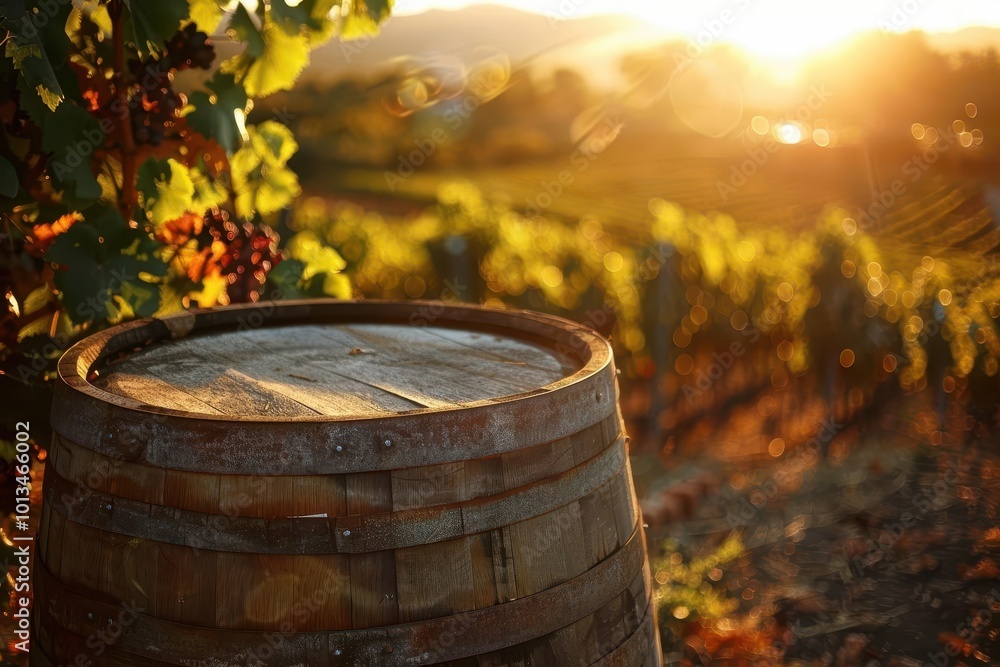 weathered oak wine barrel, sunlit vineyard backdrop, rich wood grain ...