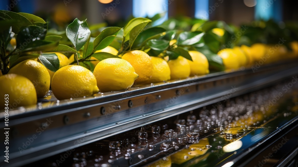Lemons being transported on a conveyor belt in a food processing plant ...