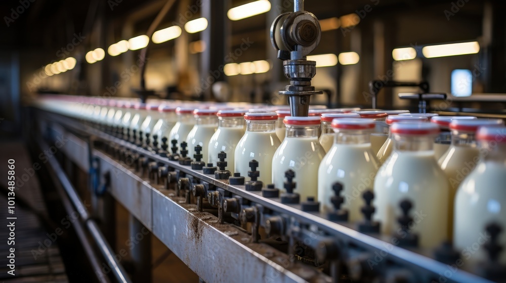 Milk bottles moving along a conveyor belt in a factory, a glimpse into ...