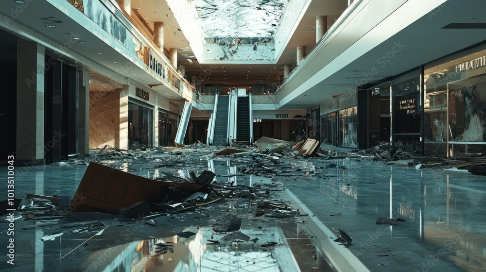 Destroyed shopping mall after an earthquake, with broken glass and ...