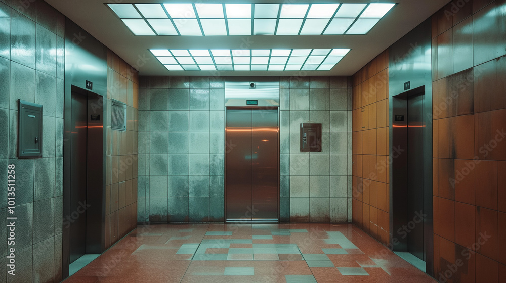 Contemporary elevator lobby with stainless steel doors, illuminated ...