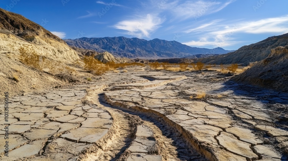 Erosion by rainwater creating winding ravines in a dry, cracked ...