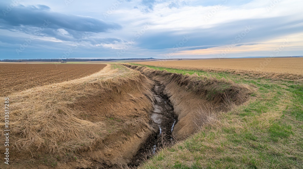 Erosion in farmland, with soil washing away into gullies and fields ...