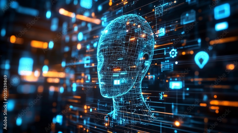 Virtual assistant hologram and social media icons, AI and chat bot ...