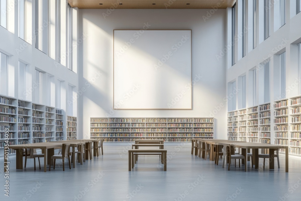 White public library reading room interior with table and blank wall ...