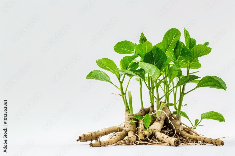 Fresh green plant with roots exposed against a plain white background ...