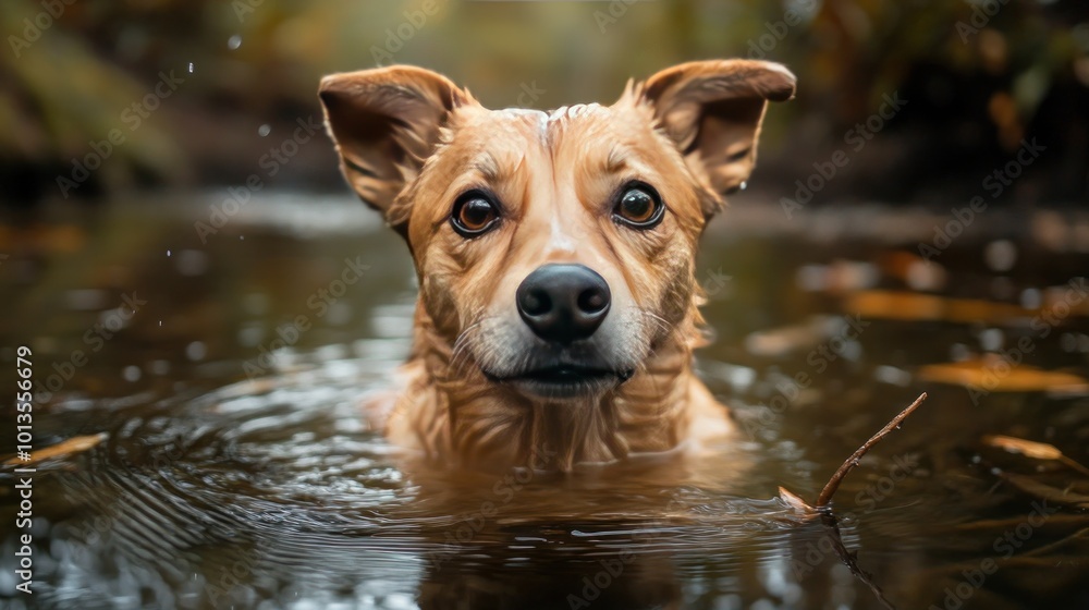 A brown dog with perky ears swimming in water, its head above the ...