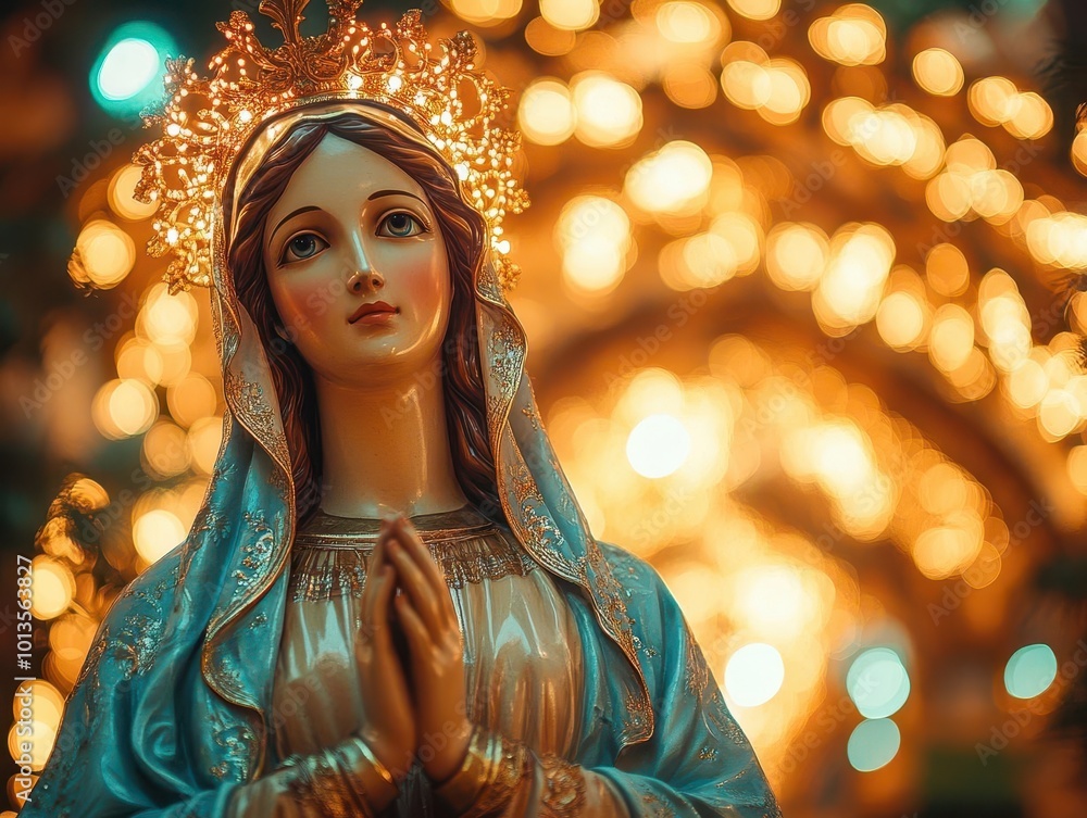 statue of our lady of aparecida illuminated by glowing bokeh lights in ...