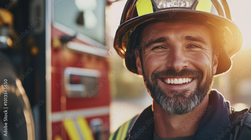 A smiling firefighter in uniform stands proudly in front of fire truck ...