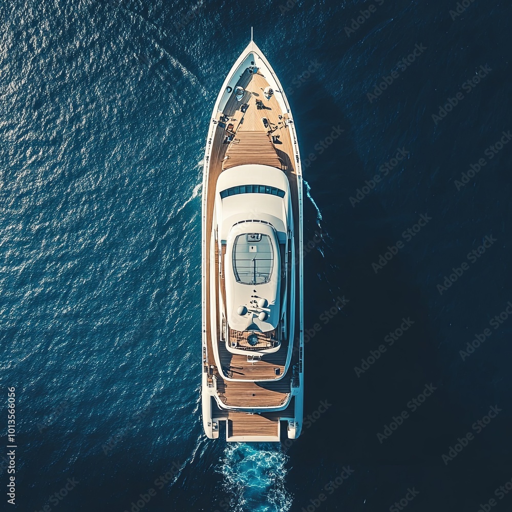 Aerial drone top down photo of luxury mega yacht with wooden deck and ...